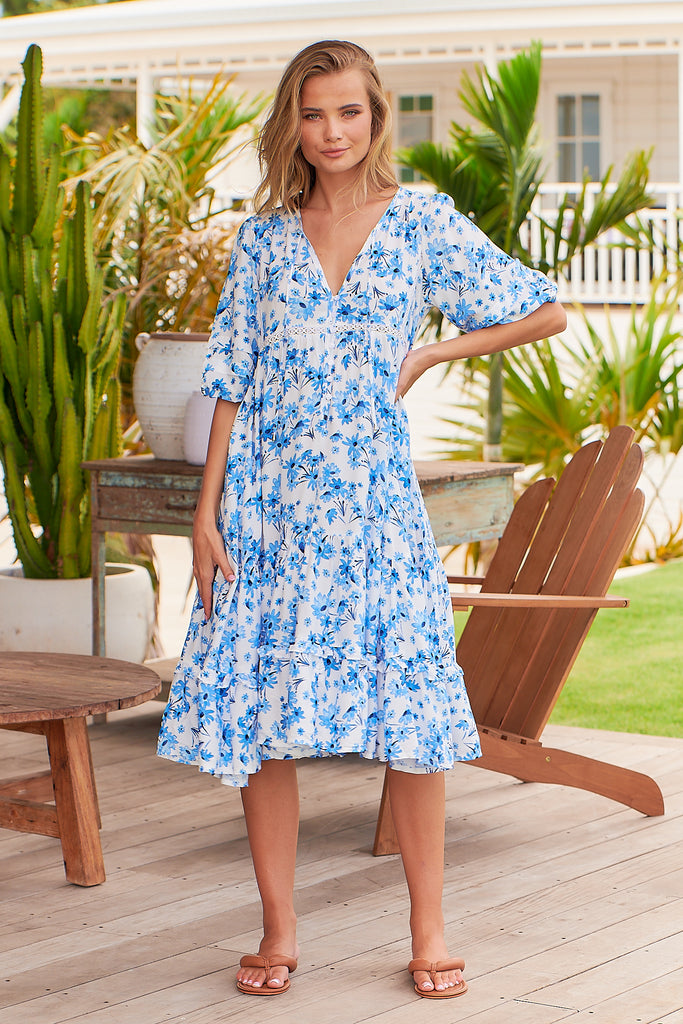 Blue Prairie Print Monday Midi Dress - Lilac and Mila
