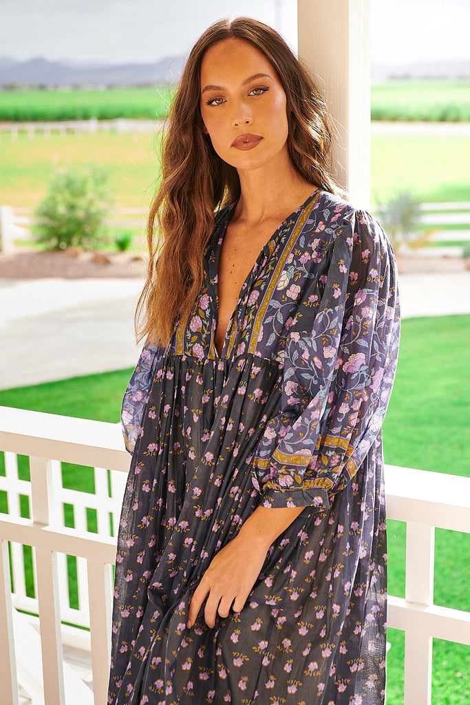 Wild Indigo Print Joy Midi Dress - Lilac and Mila