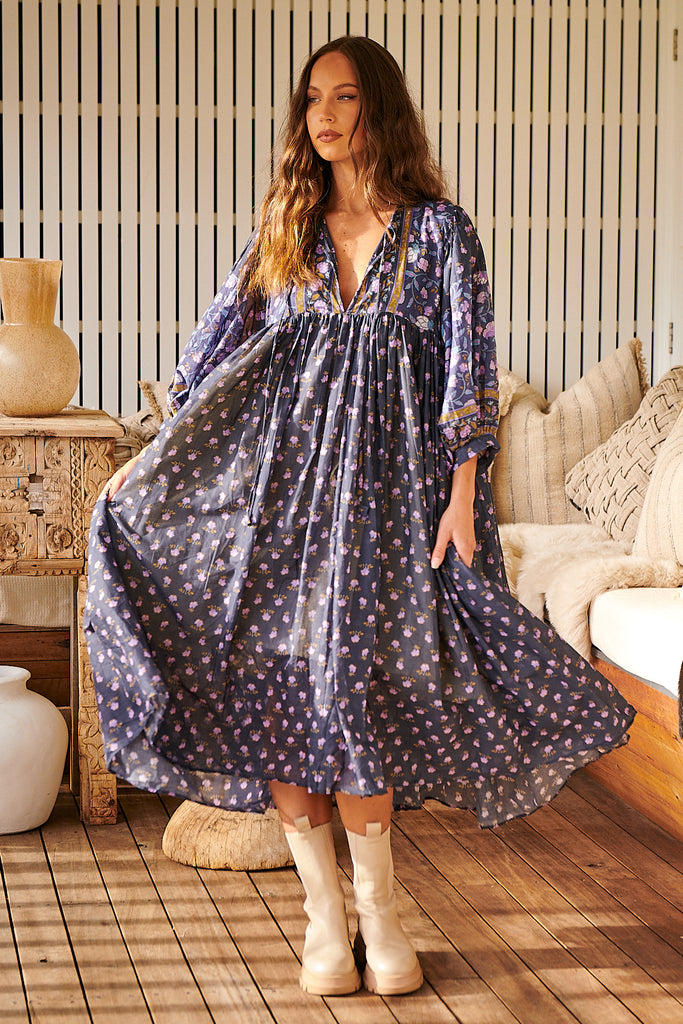 Wild Indigo Print Joy Midi Dress - Lilac and Mila
